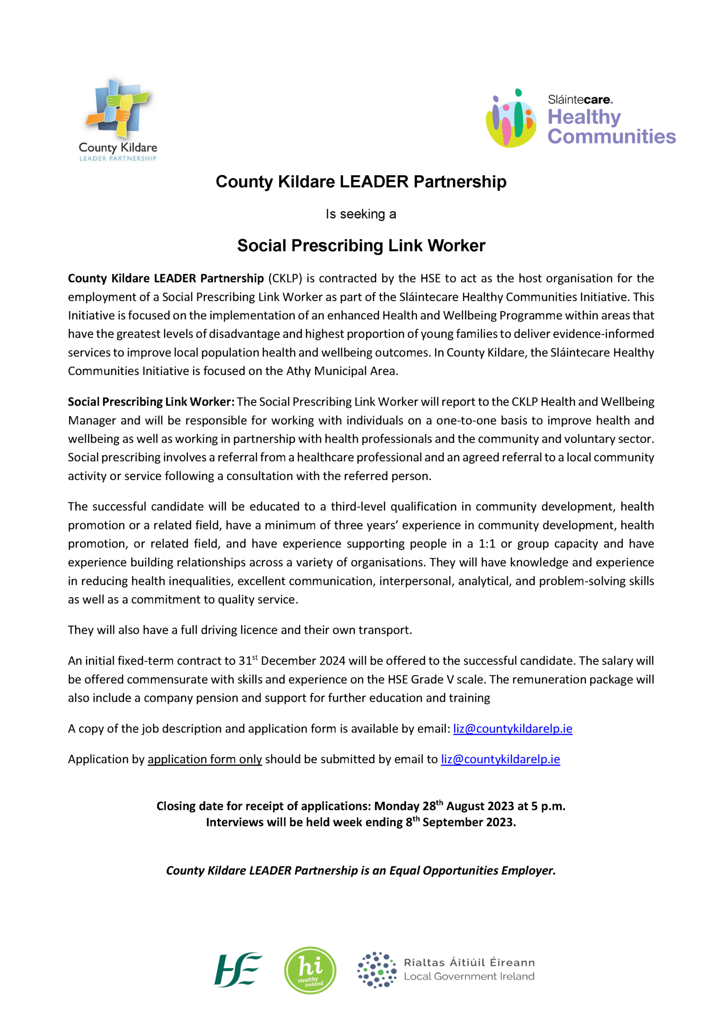 We are Hiring - Social Prescribing Link Worker - County Kildare LEADER ...